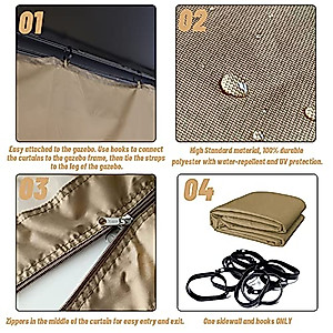 Tanxianzhe Gazebo Replacement Privacy Curtain with Zipper Outdoor Universal Privacy Panel Sidewall for 10' x 12' Gazebo (Khaki)