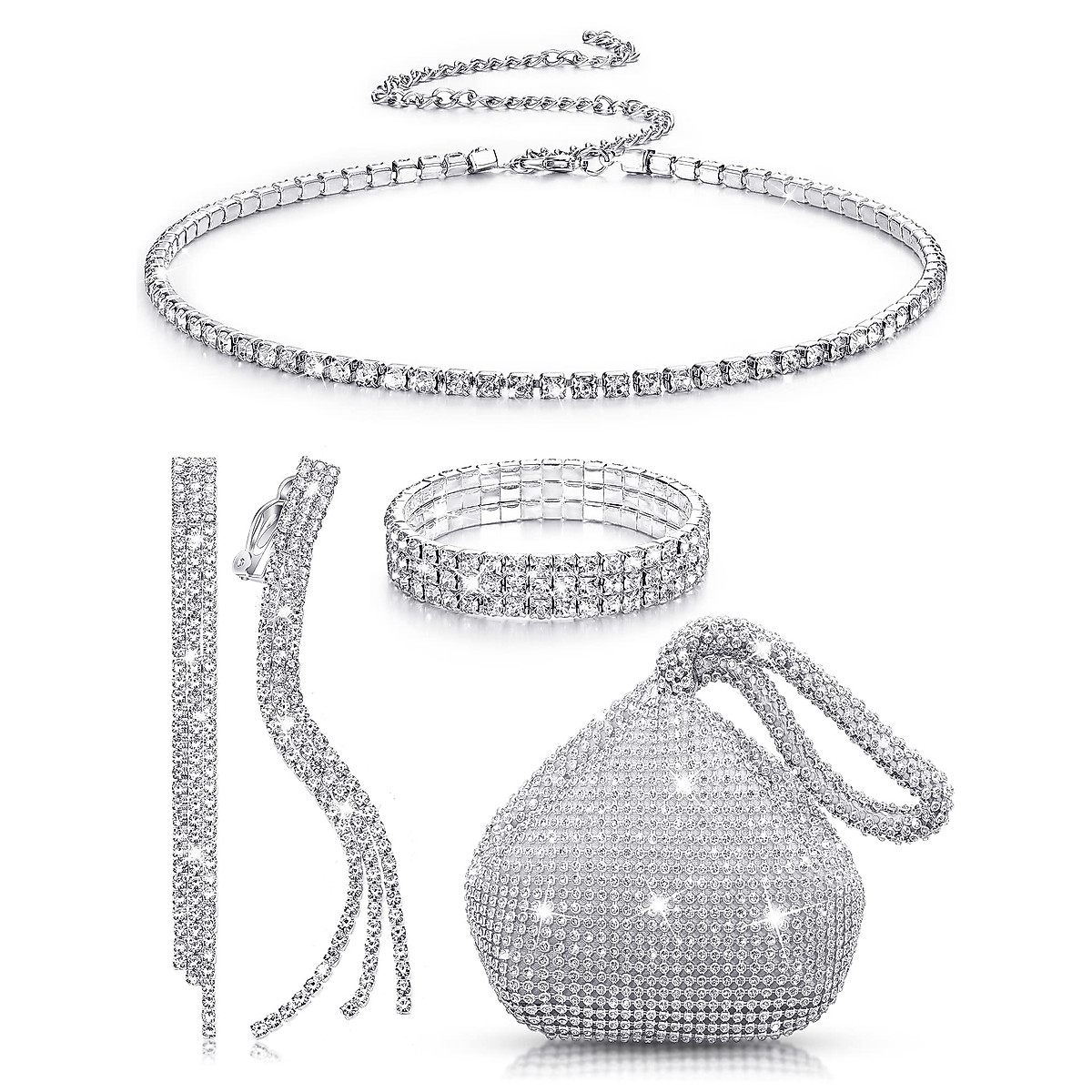 MTLEE Women Clutch Rhinestone Jewelry Set 4 Pieces Bridal Wedding Choker Bracelet Dangle Earrings Triangle Bling Glitter Purse for Party (Silver)