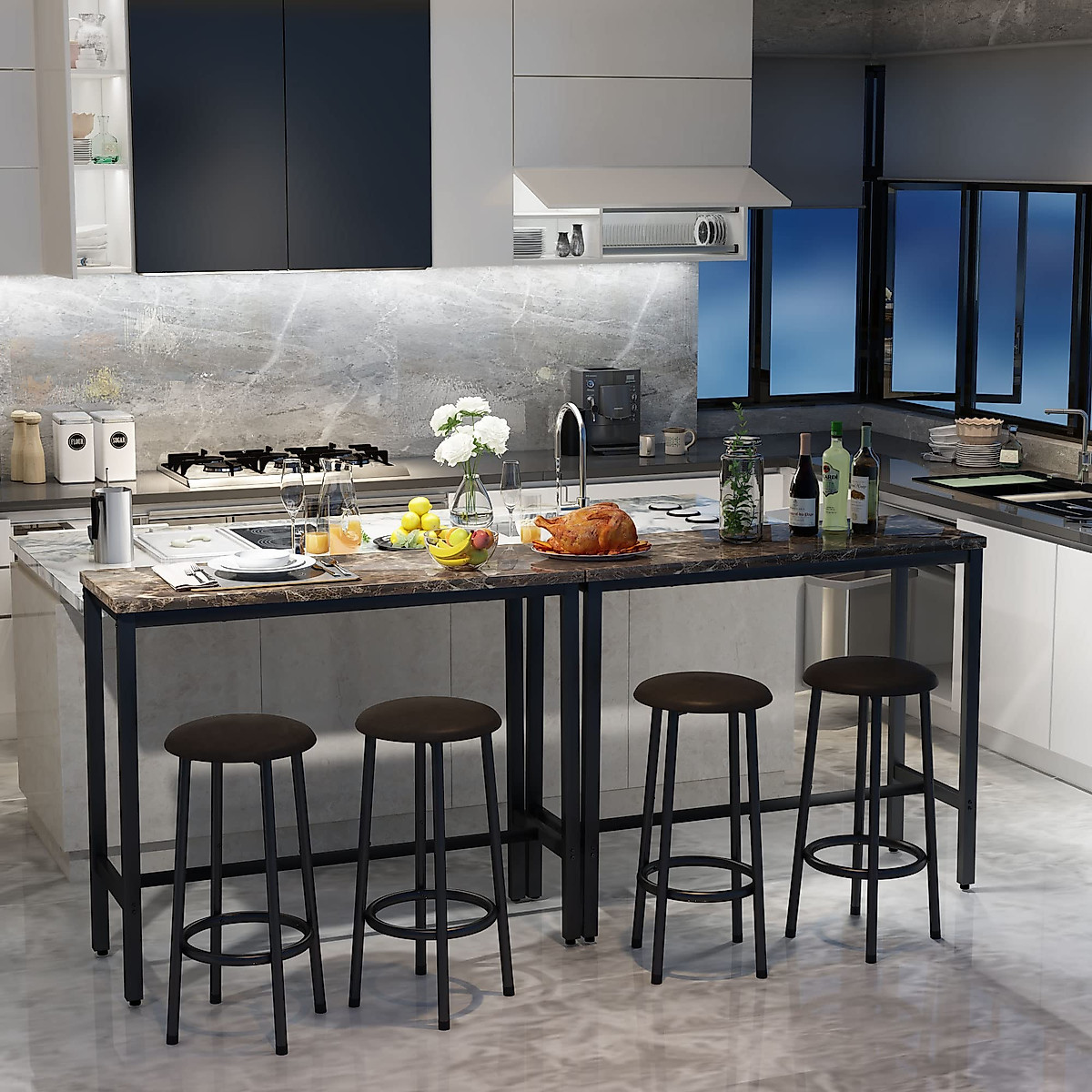 AWQM 3 Piece Dining Table Set Bar Table and Chairs Set for 2 Faux Marble Kitchen Counter Height Dining Table Set with 2 Padded Stools 3-Piece Modern Pub Table Set, Marble Brown, 47.2"