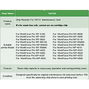 T6710 Maintenance Ink Tank Chip Resetter for Epson Workforce Pro WF-5190 WF-5690 WF-4630 WF-5110 WP-4010 WF-7710 WF-7720, white