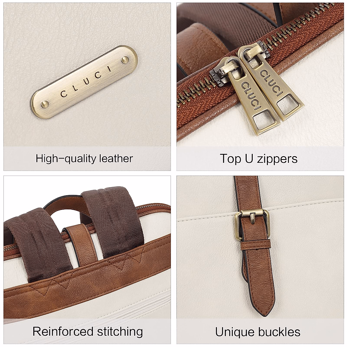 CLUCI Leather 15.6 inch Laptop Backpack Purse for Women Stylish Laptop Bag Work Computer Backpack College Bookbag Off-white with brown