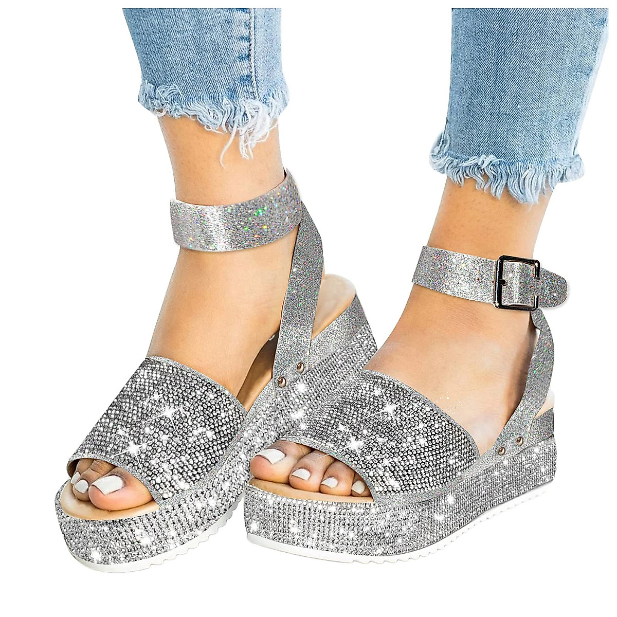 NOLDARES Sandals for Women Casual Summer Rhinestone Crystal Platform Sandals Strappy Open Toe Wedge Sandals,silver,11