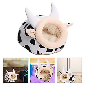 POPETPOP Mini Hamster Bed Hideouts Houses, Cotton Small Animal Pet Nest Cave Cute Cow Shaped Warm Rat Bed Hamster Warm Nest Hamster Fleece Hut Winter House for Dwarf Hamster Mice 11x11cm