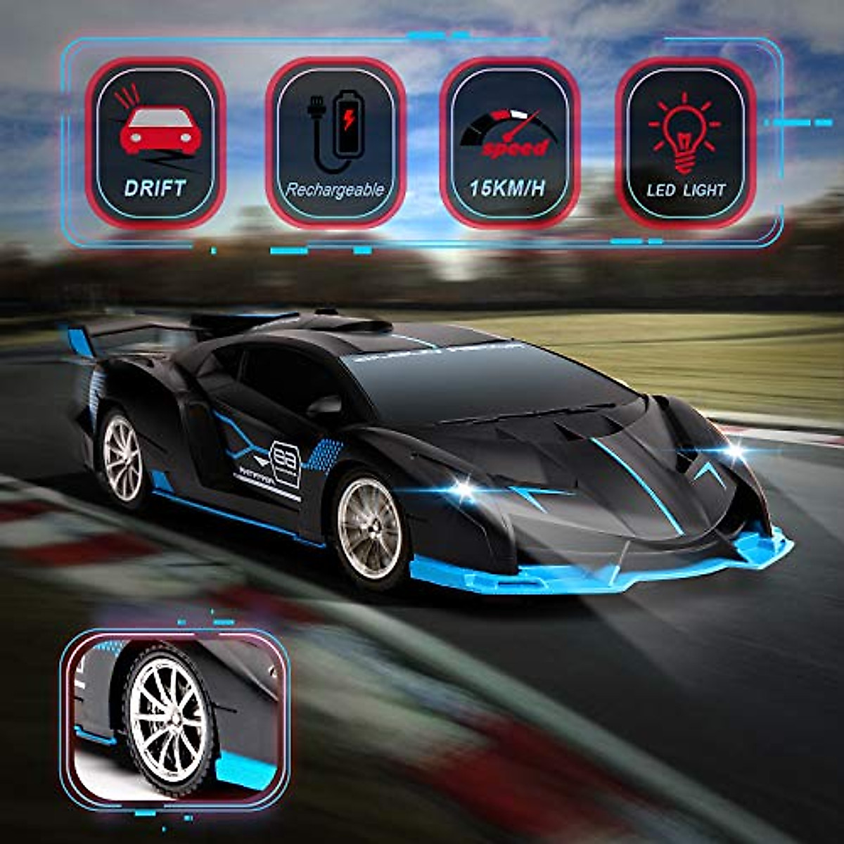 KULARIWORLD Remote Control Car for Boys Fast 1/18 Scale Rechargeable RC Vehicle Cars Toys Xmas Gifts for Kids High Speed with Headlights (Black Blue)