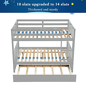 Unovivy Full Over Full Bunk Bed with Trundle, Bunk Beds Convertible to 2 Platform Full Size Bed Frame with Guardrails and Ladder, Suitable for Kids, Teens, Adults, No Box Spring Needed, Grey