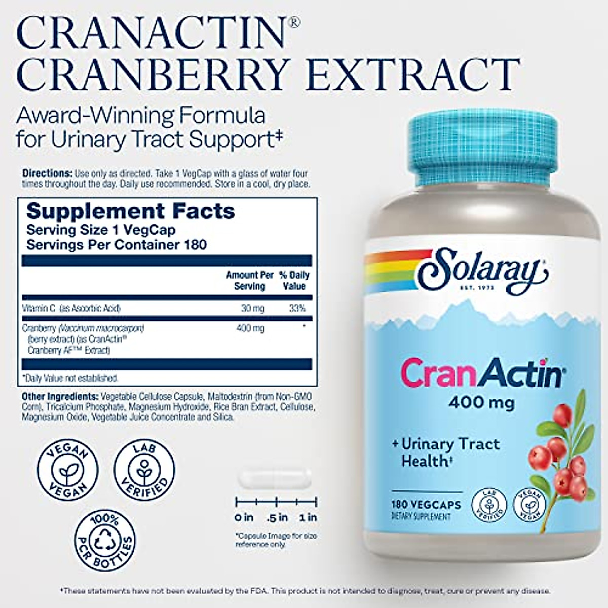 Solaray Cranactin Cranberry AF Extract Capsules, 400 mg, 180 Count