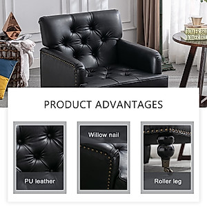 Nrizc Black Leather Club Chair, Mid Century Modern Accent Arm Chairs with Studded, Living Room Chairs with Solid Wood Frame, for Living Room, Bedroom, Reading, or Office