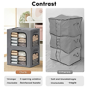 3-Pack Clothes Storage Bins with Metal Frame, Foldable 40L Linen Storage Boxes with Lids, Clear Windows, Zippers & Durable Handles - Grey