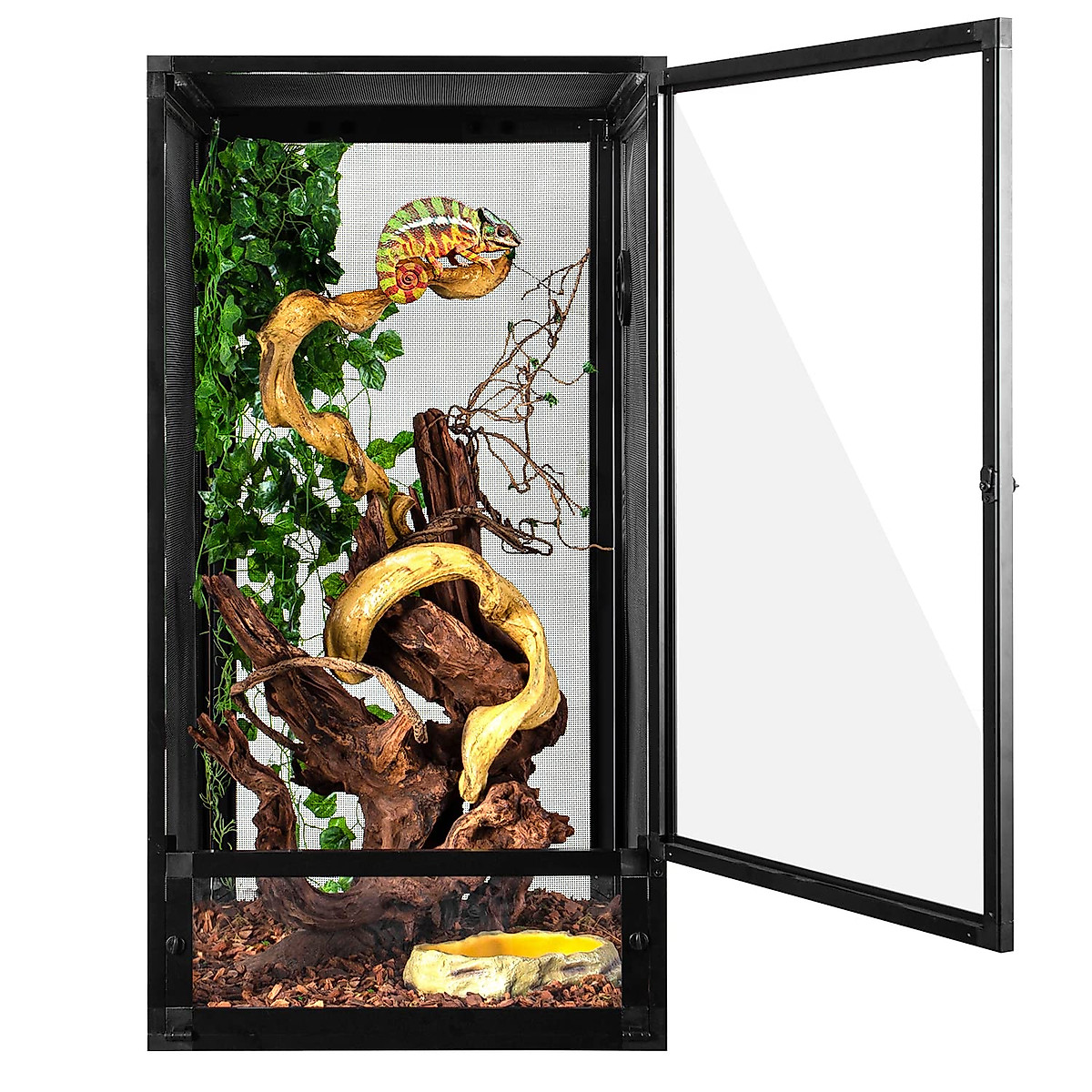 REPTI ZOO 120 Gallon Foldable Reptile Open Fresh Air Aluminum Screen Cage,Black Extra Large Reptiles Habitat Chameleon Breeding Cages 24x24x48-inches