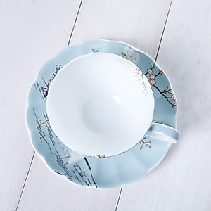 ufengke 8oz Blue Fine Bone China Coffee Cup with Saucer, White Flowers, White Crane Porcelain Tea Cup and Saucer