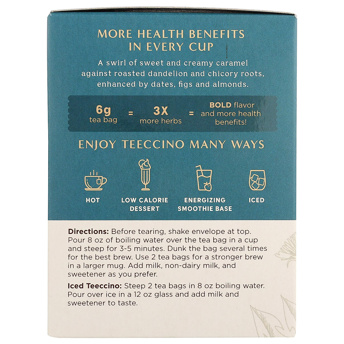 Teeccino Dandelion Caramel Nut Tea - Caffeine Free, Roasted Herbal Tea with Prebiotics, 3x More Herbs than Regular Tea Bags, Gluten Free - 10 Tea Bags