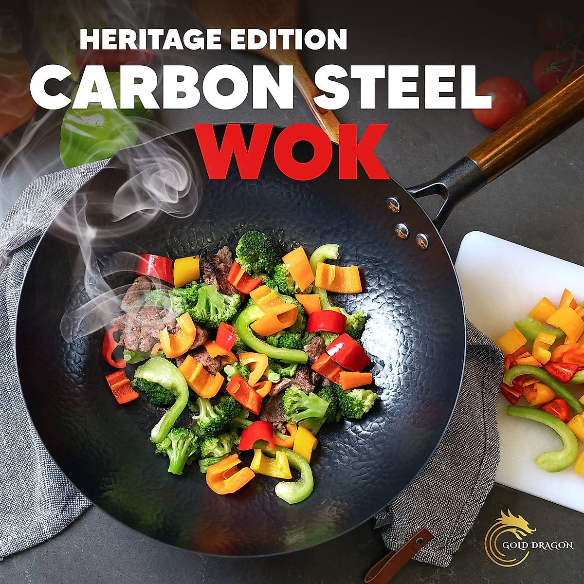 Gold Dragon Heritage Edition Carbon Steel Wok Pan with Lid | 12.5" Preseasoned Quality Wok Set | Traditional Stir Fry Pan | Round Flat Bottom Wok