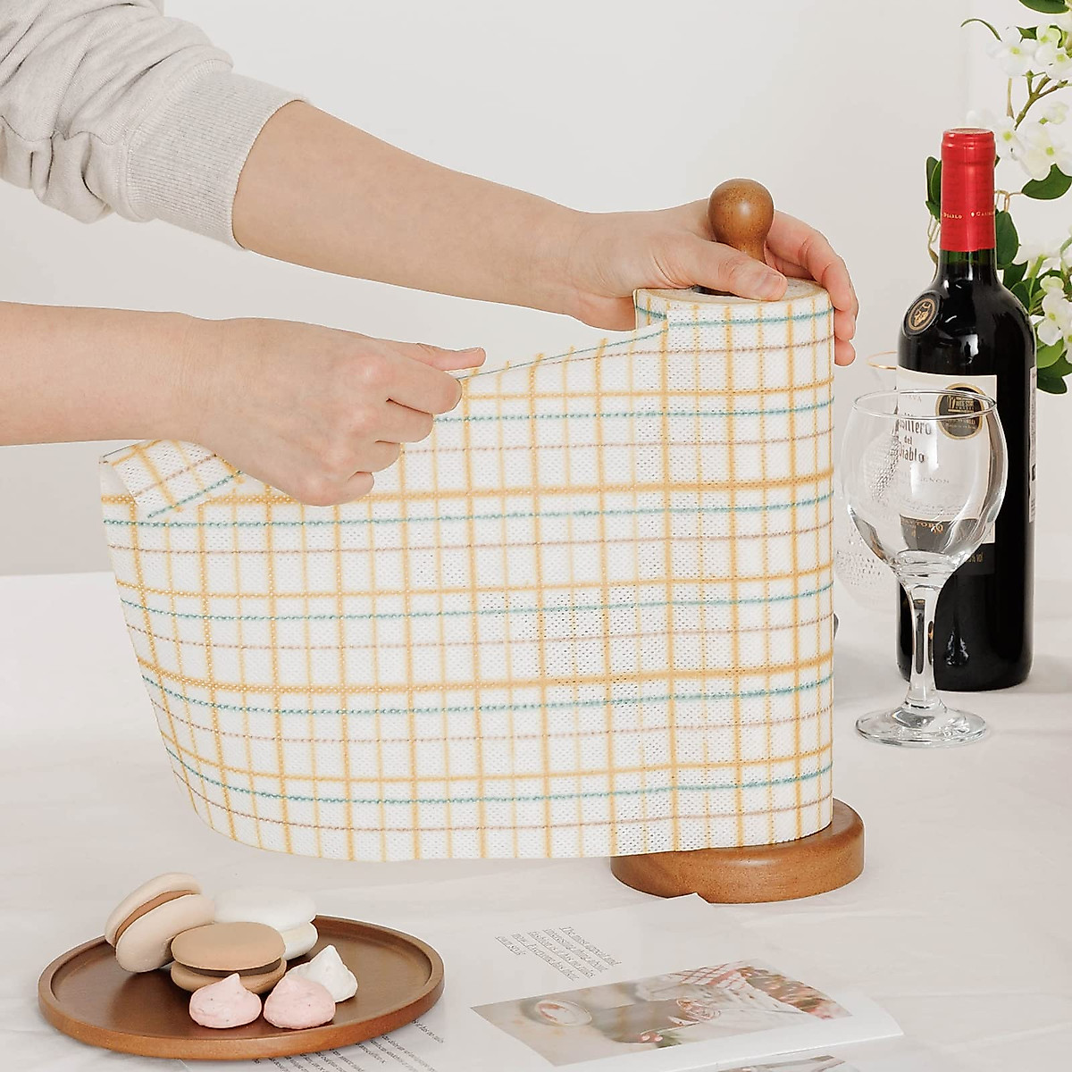 Goodsdeco Wooden Paper Towel Holder - Paper Towel Hanger Rack, Countertop Kitchen Paper Towel Dispenser, Standing Paper Towel Roll Hanger, Rubberwood Paper Towel Holder (Walnut)