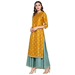 Janasya Indian Women's Mustard Foil Printed Poly Silk Ethnic Dress