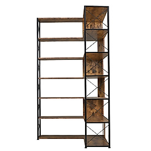 Corner Bookcase, 7-Tier L-Shaped Tall Bookshelf with Open Storage, Freestanding Industrial Etagere Shelf with Metal Frame for Home Office Funiture, Brown