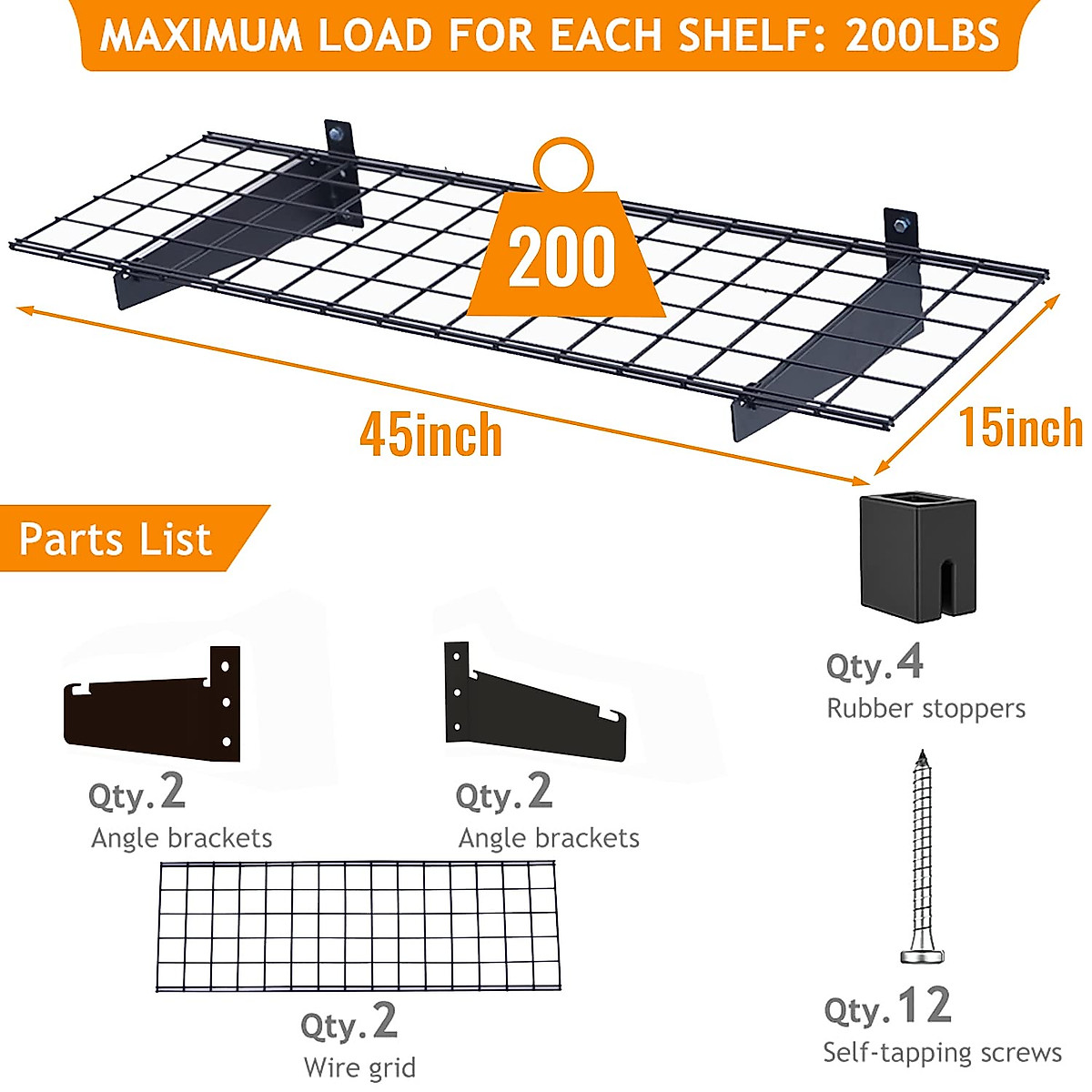 Wallmaster 2-Pack 15x45 Heavy Duty Garage Wall Shelving 45-inch-by-15-inch Wall Mount Garage Storage Rack Floating Shelves Max Load 400lb Black