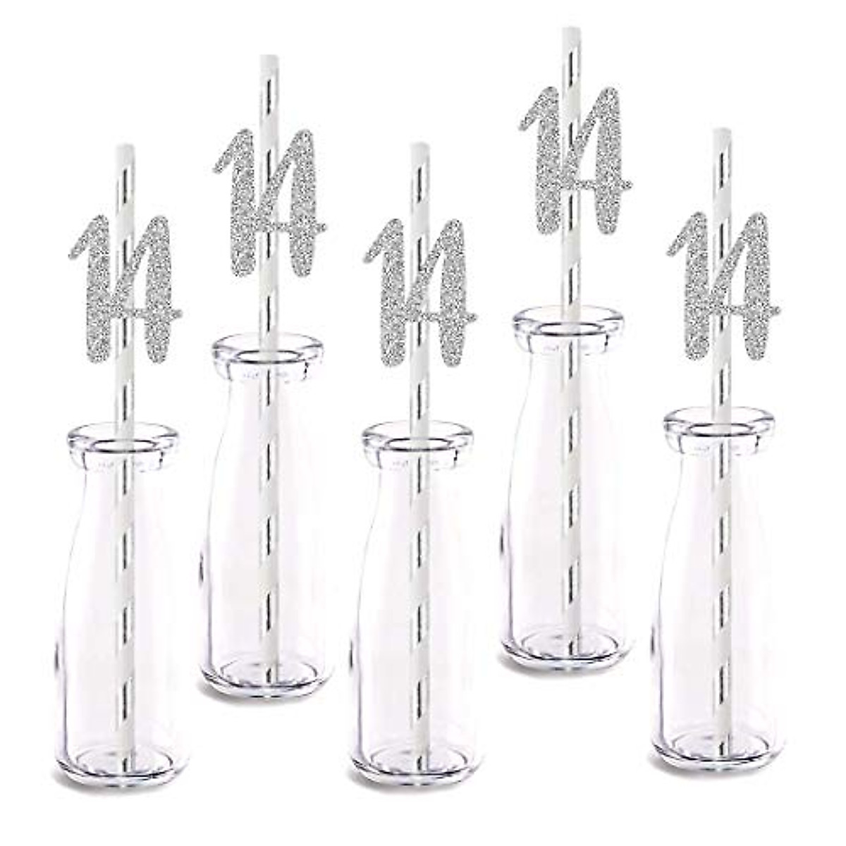 Silver Happy 14th Birthday Straw Decor, Silver Glitter 24pcs Cut-Out Number 14 Party Drinking Decorative Straws, Supplies