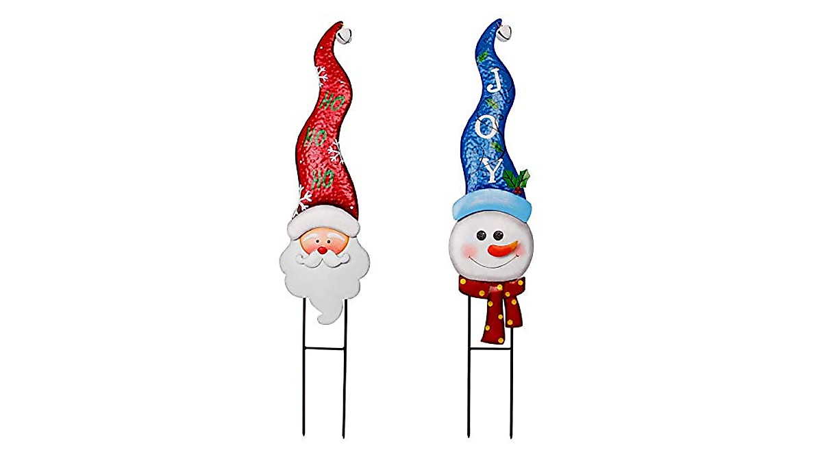 Christmas Metal Stakes: Santa & Snowman Garden Decor with Bells