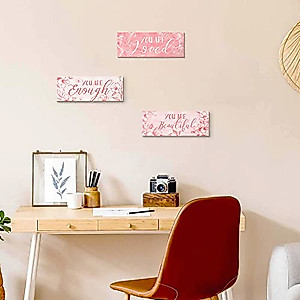 Pink Room Decor, Pink Wall Decor for Girls Bedroom, You Are Beautiful You Are Enough You Are Loved Sign, Positive Quotes Inspirational Wall Signs for Women, Wooden Hanging Wall Plaques