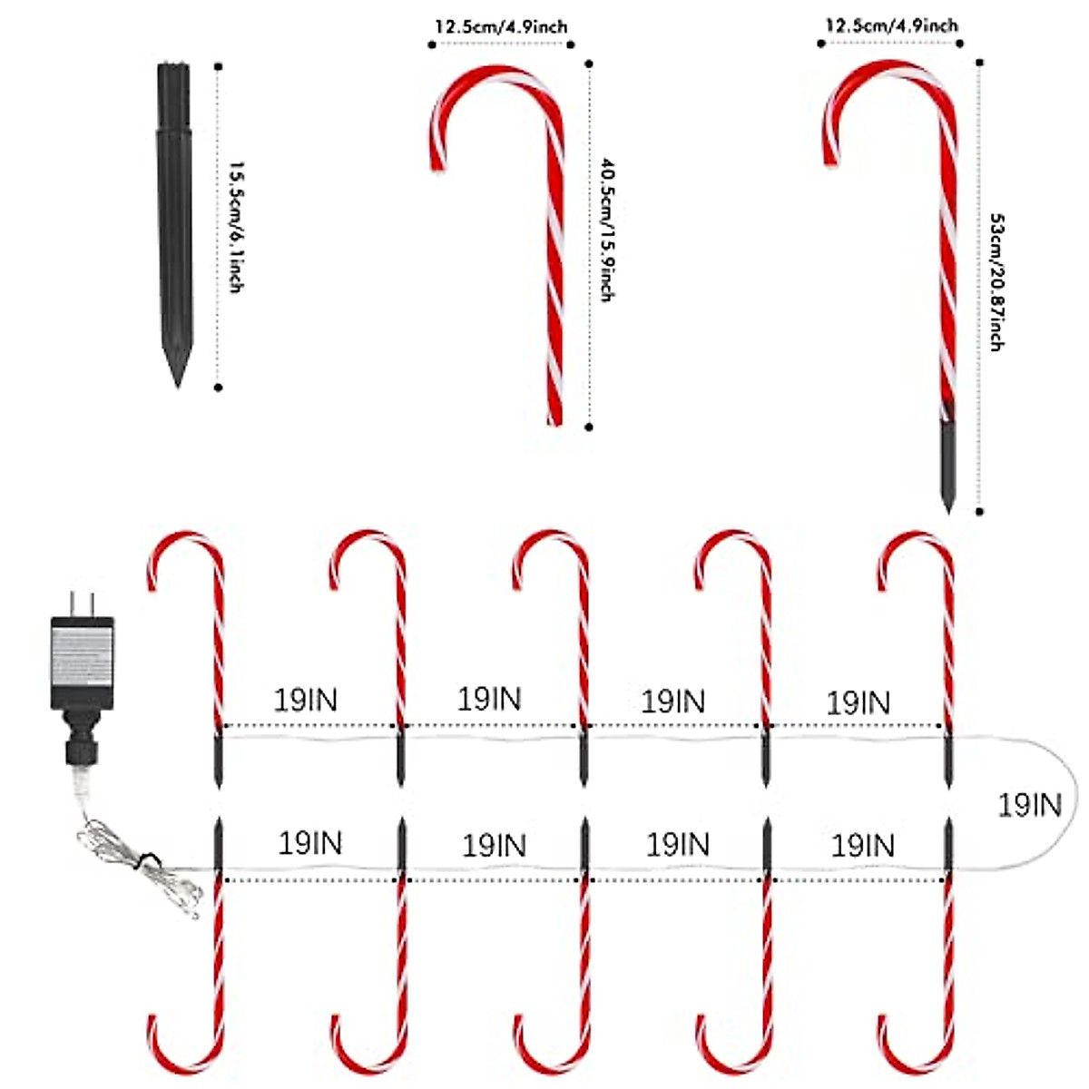 SANKUU 10 Pack Candy Canes Outdoor Decorations, 21 inches Christmas Candy Cane Pathway Markers Lights with Stakes, Christmas Candy Cane Lights for Xmas Yard Patio Garden Walkway