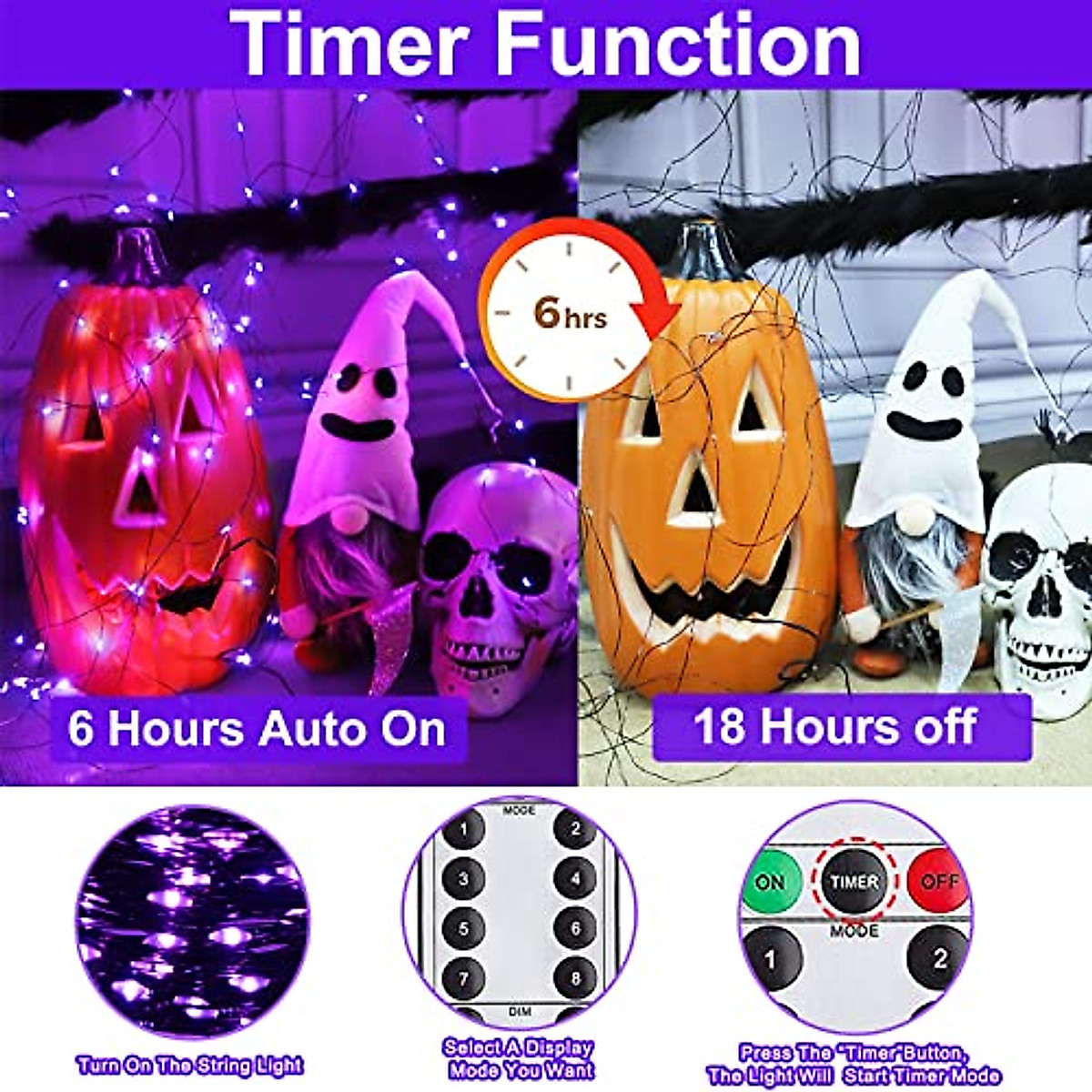 2 Set Halloween Lights Decorations, Total 400LED/131.2Ft Timer 8 Modes Remote Waterproof Battery Box Copper Fairy String Lights Halloween Decor Indoor Outdoor Garden, 200LED/65.6Ft Each (Purple)