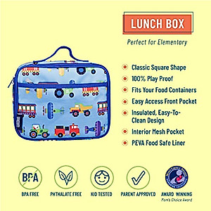 Wildkin 12 Inch Backpack Bundle with Insulated Lunch Box Bag (Trains, Planes & Trucks)