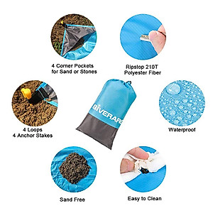 GIVERARE Sandfree Beach Blanket, Waterproof Picnic Blanket, Quick Drying Indoor&Outdoor Family Mat with 4 Stakes&4 Corner Pockets for Travel, Camping, Hiking, Music Festival
