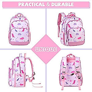 VASCHY School Backpack for Girls, 16in Water Resistant Backpack for Kids Preschool/Primary/Elementary Schoolbag Bookbag for Girls with Tablet Sleeve Pink Dino