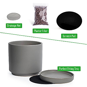 D'vine Dev 6 Inch Ceramic Planter Pot with Drainage Hole and Saucer, Indoor Cylinder Round Flower Pot, Grey, 94-O-C-3