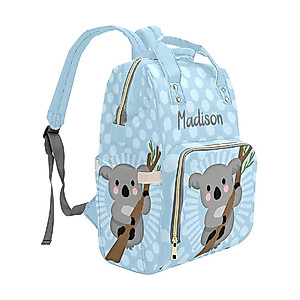 Yeshop Koala Bear Blue Polka Dot Personalized Diaper Bag Backpack Tote with Name,Custom Travel Nappy Mommy Bag Backpack for Baby Girl Boy Gift, 10.83inch x 6.69inchx 15inch