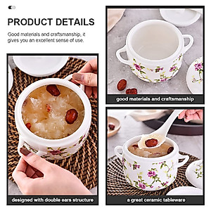 Hemoton Cereal Containers Ceramic Stew Pot with Lid Spoon Food Serving Bowl Kitchen Steaming Bowl Home Stockpot Steam Soup Bowl Steaming Cup for Home Kitchen Cereal Container