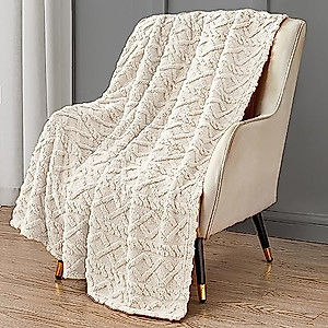 Edenleaf Sherpa Fleece Throw Blankets for Couch - Decorative Cream Throws Blanket with Stylish Pattern for Couch Sofa Living Room and Bed-All Season Blanket (Cream, 50x70 Inches)