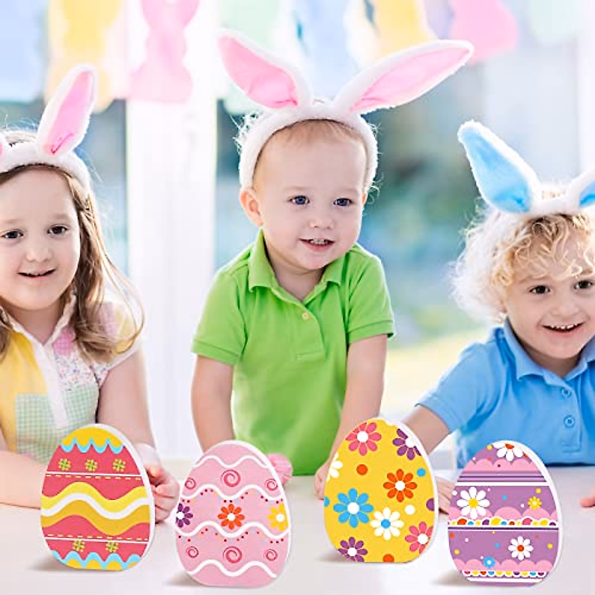 4Pcs Happy Easter Egg Table Wooden Sign Spring Egg Shape Wood Tabletop Decorations Reversible Double Printed Decor for Easter Party Desk Office Home Party Supplies Farmhouse Gift