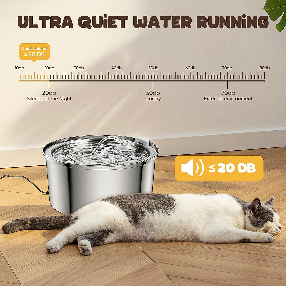 Zekory Cat Water Fountain, 108oz/3.2L Stainless Steel Automatic Dog Water Dispenser, Ultra-Quiet Pump for Cats Inside, Dogs, Multiple Pets with 3 Replacement Filters