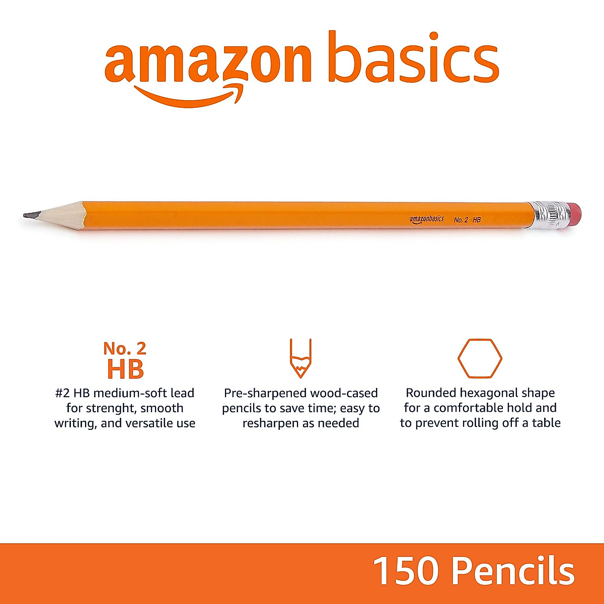 Amazon Basics Woodcased #2 Pencils, Pre-sharpened, HB Lead - Box of 150, Bulk Box