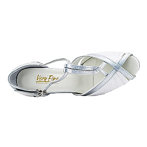 Very Fine Womens Dance Shoe Gabriella Bachata Swing Salsa Latin Ballroom White Satin and Silver 2.5" Heel 9.5 US