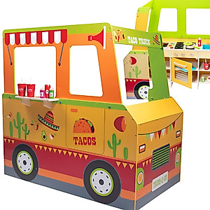 Taco Truck Wooden Playset, 30 Toy Pieces Including Cook Top, Steering Wheel, Sink, Sticker Sheet for Kids Name, Food, Taco Shells, Cheese, Patties, Dual Sided Play Stand Set for Indoor Fun, Ages 3+
