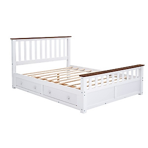 Bellemave Queen Bed Frame with 2 Storage Drawers Wood Platform Bed with Headboard & Footboard Panel Beds with Slats for Boys, Girls, Kids, Teens, White + Walnut