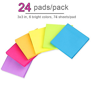 (24 Pack) Sticky Notes 3x3 in Post Bright Stickies Colorful Super Sticking Power Memo Pads, Strong Adhesive, 74 Sheets/pad