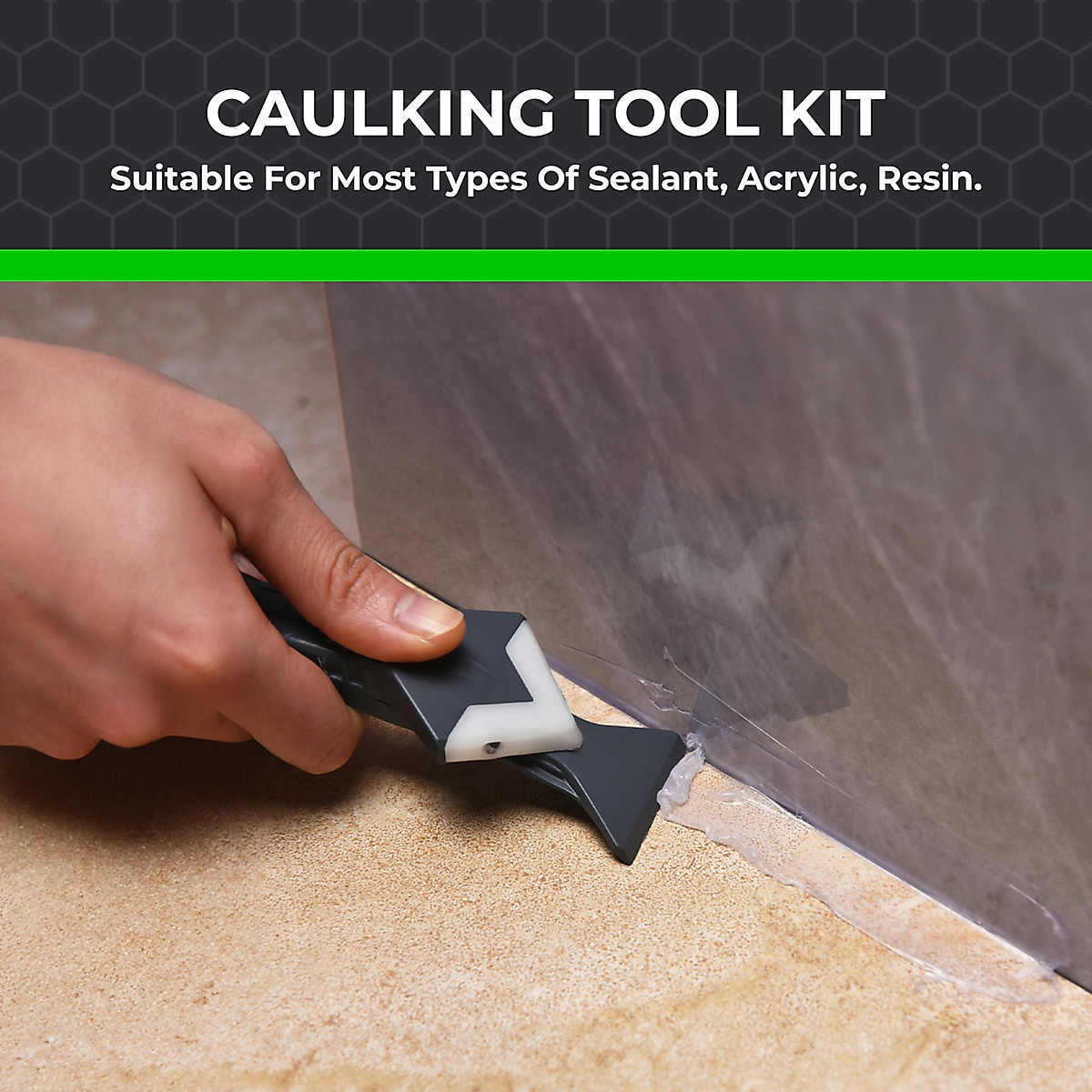 Toolzilla Saker Silicone Caulking Tools - 3 in 1 Caulking Tool Kit-Sealant Finishing Tool-Easy Caulking Finisher Set - Caulk Scraper Grout Remover Tool For Kitchen, Bathroom, Floor, Tank, Window, Sink