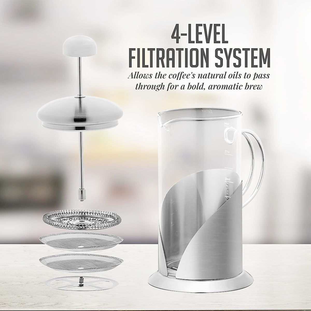 OVENTE French Press Coffee Maker 34 Ounce, 4 Level Stainless Steel Filter System, Borosilicate Heat Resistant Glass Carafe with Free Measuring Scoop, Silver FSL34S