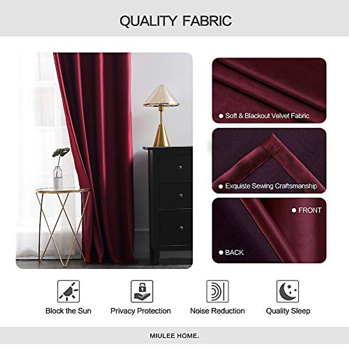 MIULEE Blackout Velvet Curtains Solid Soft Burgundy Red Thermal Insulated Soundproof Room Darkening Curtains/Drapes for Living Room Bedroom 52 x 90 Inch(2 Panels Grommet and 2 Panels Back Tab)