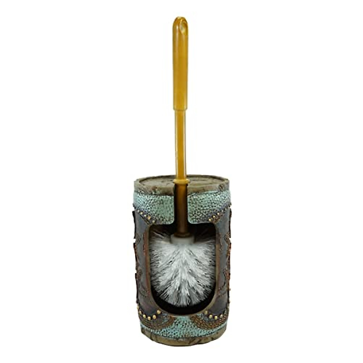 Ebros Gift Rustic Vintage Western Turquoise Faux Tooled Leather Triple Horseshoes and Cross Cowboy Toilet Bowl Cleaner Brush and Base Holder Set Bathroom Vanity Powder Room Office Accessory