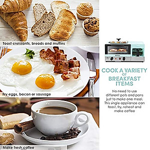 Elite Gourmet Americana 2 Slice, 9.5" Griddle with Glass Lid, 3-in-1 Breakfast Center Station, 4-Cup Coffeemaker, Toaster Oven with 15-Min Timer, Heat Selector Mode, Blue