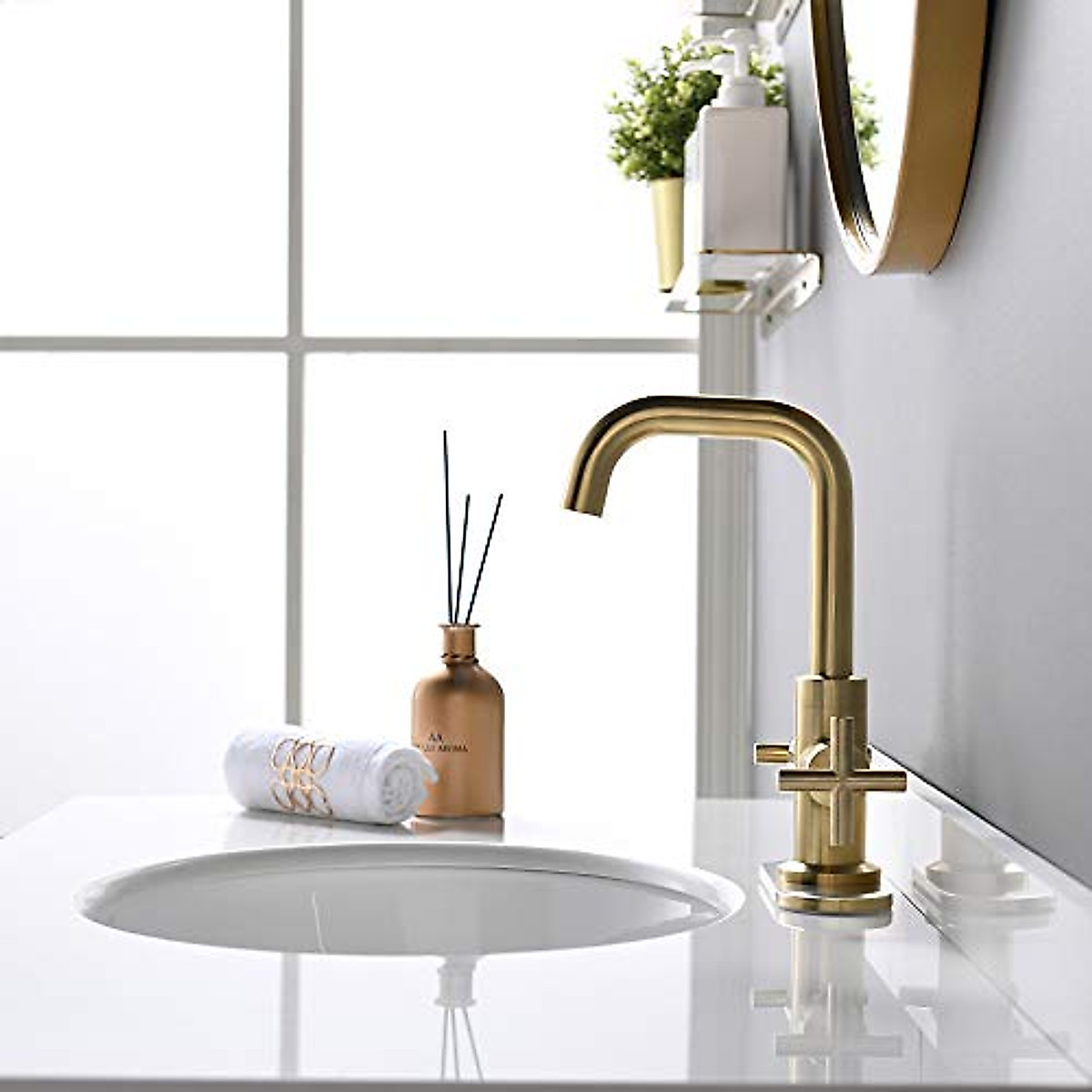 Phiestina Brushed Gold 2-Handle 4 Inch Centerset Bathroom Faucet with Drain,Deck Plate and Supply Hoses, Fit for 1 or 3 Hole, SGF002-10-BG