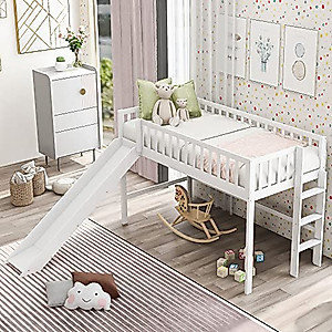 Harper & Bright Designs Twin Size Low Loft Bed Frame with Ladder and Slide for Kids,White