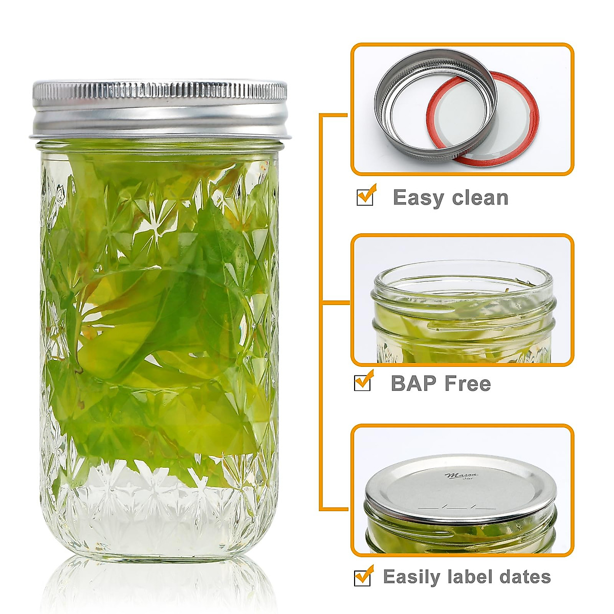 Mason Jars 12 OZ,Canning Jars with Lids 24PACK,Glass Jam Jars, Jelly Jars with Airtight Lids,Ideal for Canning, Preserving, Honey, Wedding Favors, Shower Favors