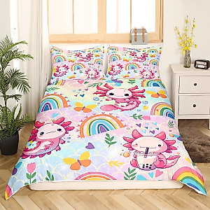 Feelyou Cute Axolotl Comforter Cover Set Cartoon Salamander Duvet Cover for Kids Boys Girls Rainbow and Butterflies Bedding Set Ombre Bedspread Cover Bedroom Collection 3Pcs Full Size