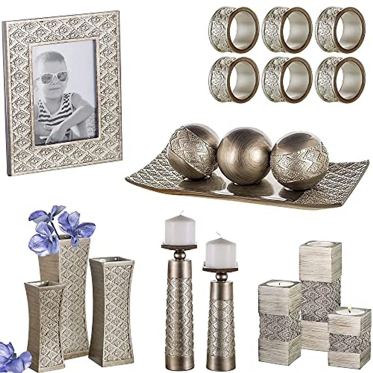 Creative Scents Dublin Decorative Tray and Orbs Balls Set - Centerpiece Bowl with Balls for Dining Room Table, Rustic Decorated Spheres Kit for Living Room Coffee Table, Gift Boxed (Brushed Silver)