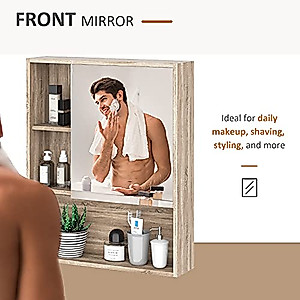 kleankin Wall-Mounted Wooden Bathroom Medicine Cabinet, Storage Cabinet with Mirror Glass Door Adjustable Open Shelf Oak Grain
